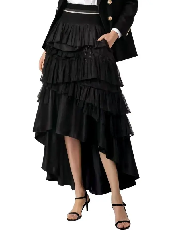 NARCISS Asymmetric Layered Ruffle Midi Skirt - Black