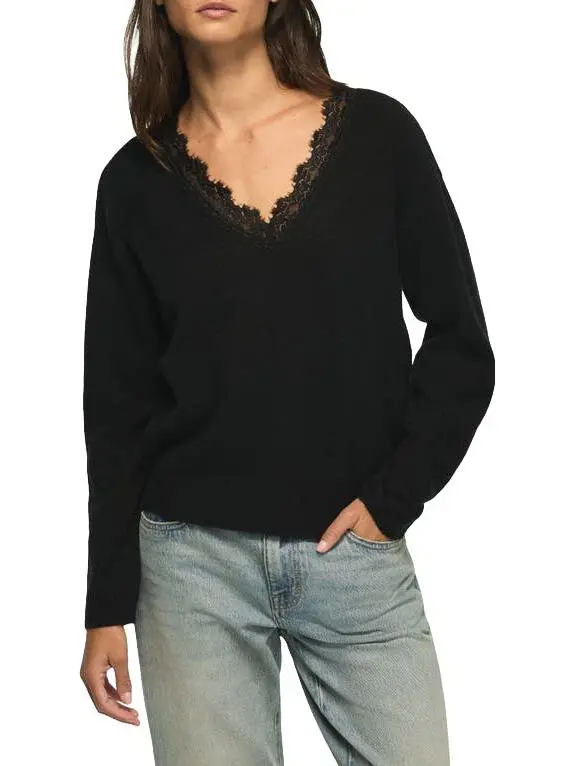 Lucky Brand Lace Trim V-neck Sweater - Caviar