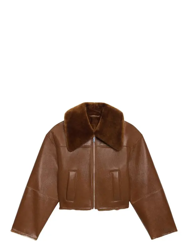 Theory Shearling Leather Cropped Jacket - Acacia Brown