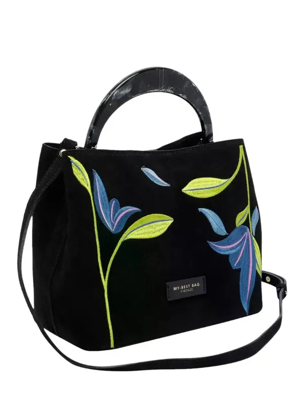 MY BEST BAG FIRENZE Ingrid Floral-embroidered Suede Tote Bag - Black