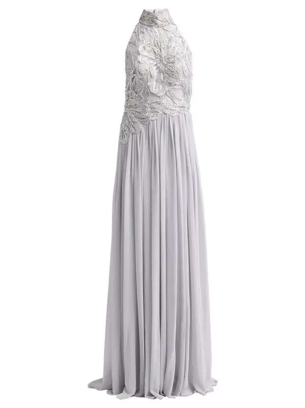 Pamella Roland Sequined Floral Halter Gown - Silver