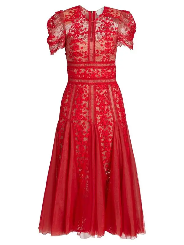 BRONX BANCO Megan Lace Short-sleeve Midi-dress - Red