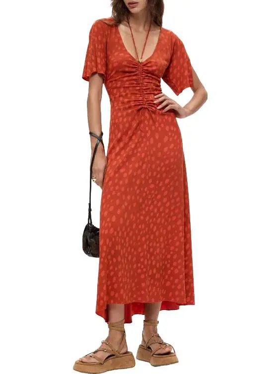Desigual Ruched Flutter Sleeve Midi Dress - Orange