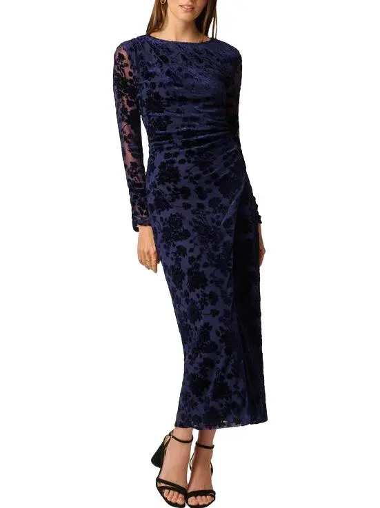 Adrianna Papell Burnout Velvet Long Sleeve Ruched Sheath Dress - Navy