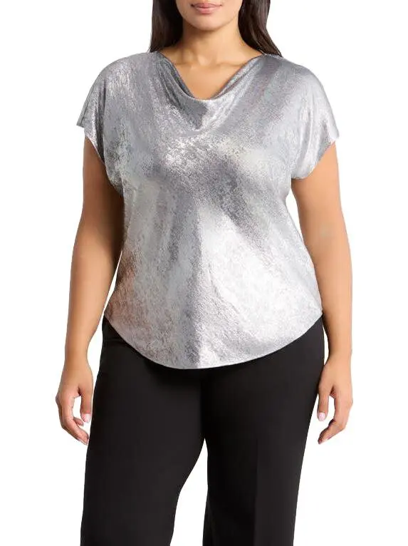 Anne Klein Metallic Cowl Neck Top - Silver