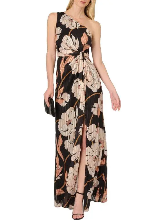 Adrianna Papell Floral One Shoulder Draped Ribbon Chiffon Gown - Black Multi