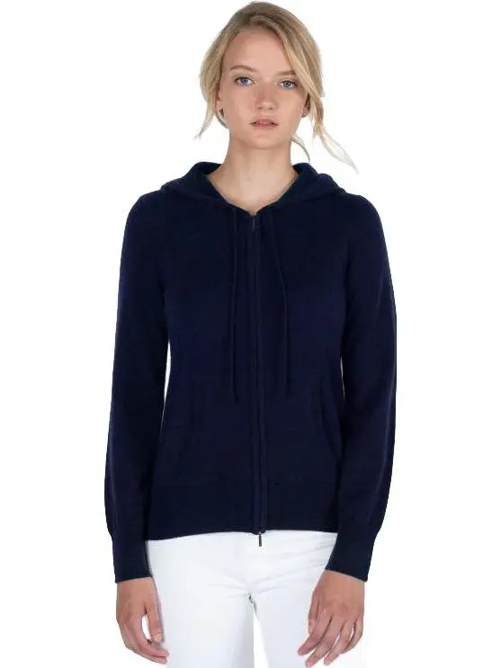 JENNIE LIU 2-way Zip Cashmere Hoodie - Navy