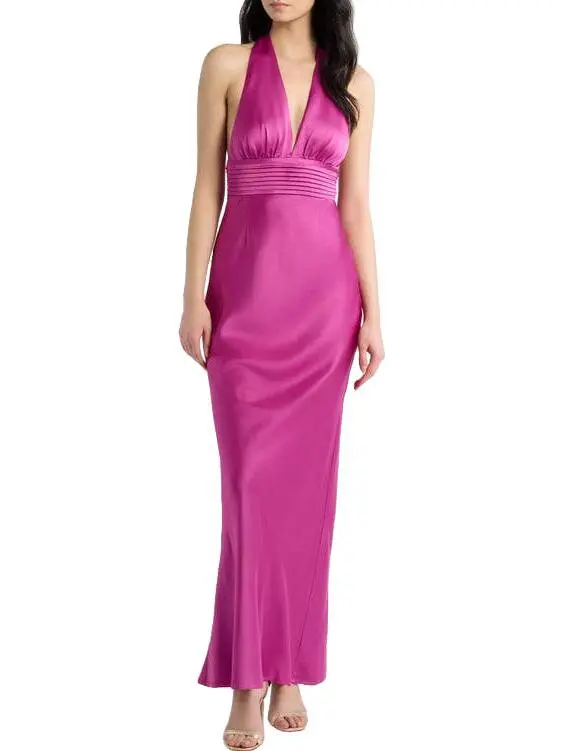 HELLO MOLLY Evening Standard Satin Halter Neck Maxi Dress - Pink
