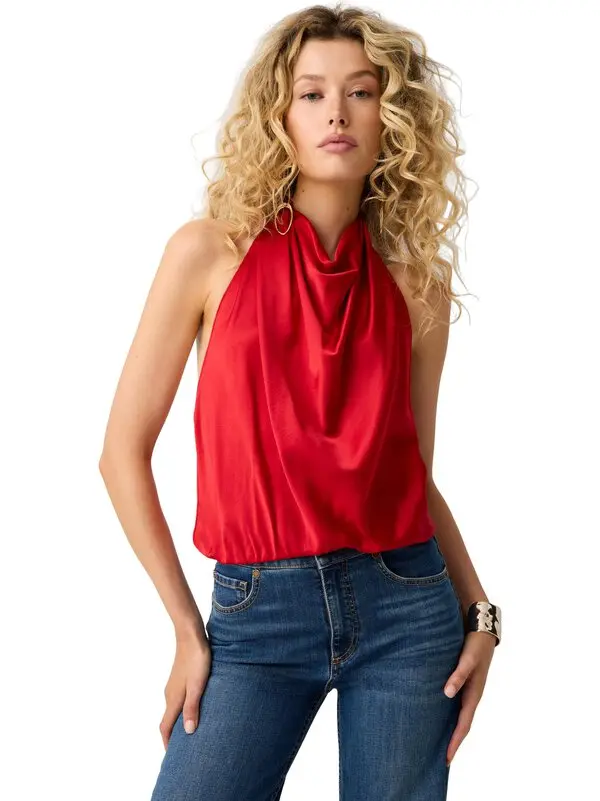 Ramy Brook Libbie Silk Cowl Neck Halter Top - Ruby