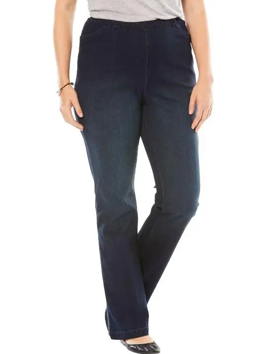 WOMAN WITHIN Fineline Stretch Denim Pull On Bootcut Jeans - Indigo Sanded