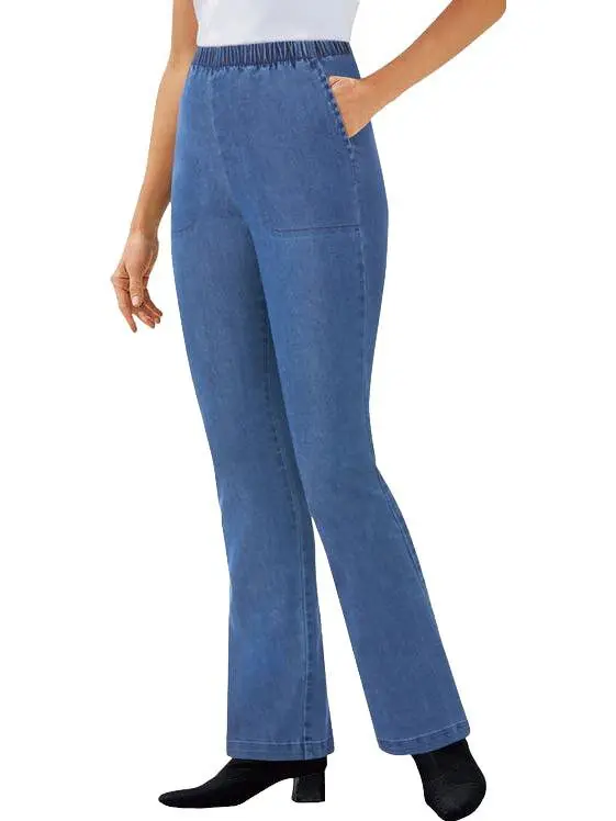 WOMAN WITHIN Fineline Stretch Denim Pull On Bootcut Jeans - Medium Stonewash