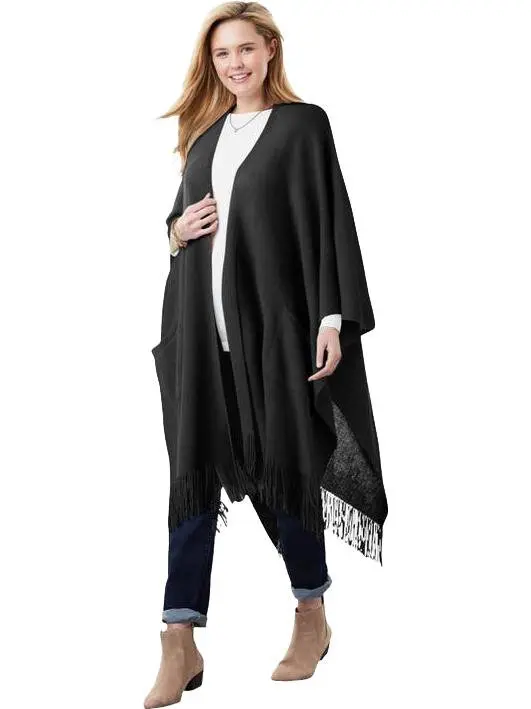 WOMAN WITHIN Fringe Wrap Cape - Black