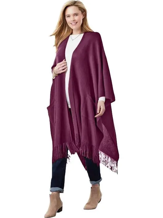 WOMAN WITHIN Fringe Wrap Cape - Deep Claret