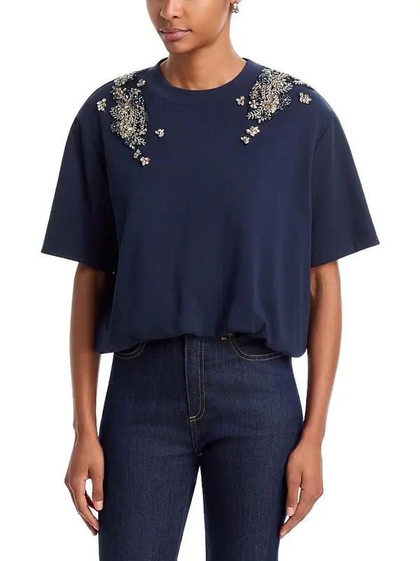 Cinq À Sept Davini Crystal Garden Beaded Cotton T-shirt - Navy/multi
