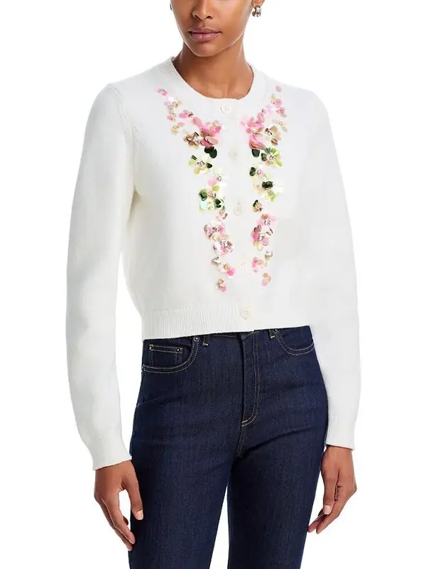 Cinq À Sept Waterfall Paillettes Cotton Blend Crewneck Cardigan - Ivory/multi