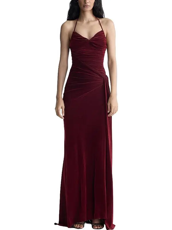 Diane Von Furstenberg Saffra Ruched Velvet Halter Gown - Brick
