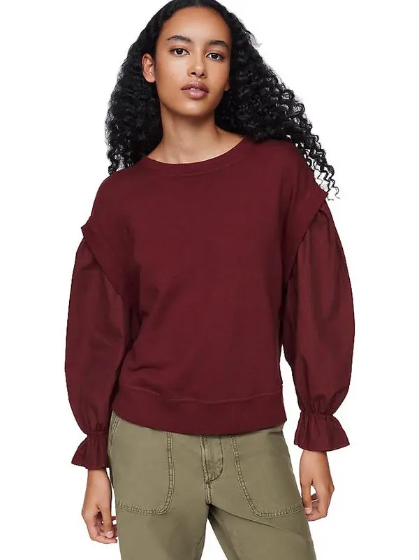 Wilt 100% Cotton Woven & Knit Puff Sleeved Sweatshirt - Burgundy