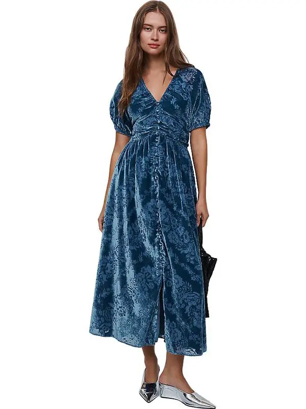 Anthropologie Katera Velvet Button Front Dress - Blue Pattern