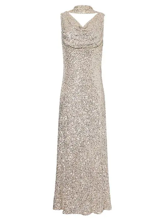 NEVER FULLY DRESSED Sophie Draped Sequin Maxi Dress - Silver