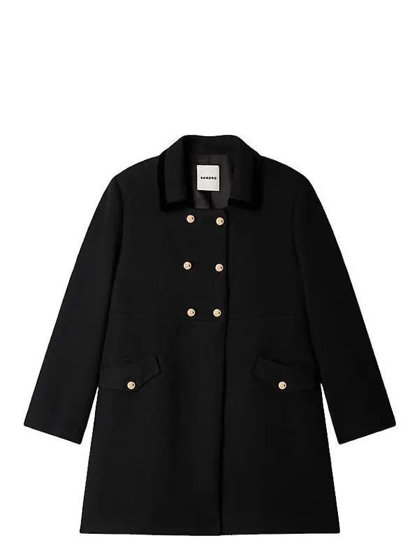 Sandro Velvet-collar Double-breasted Wool-blend Coat - Black