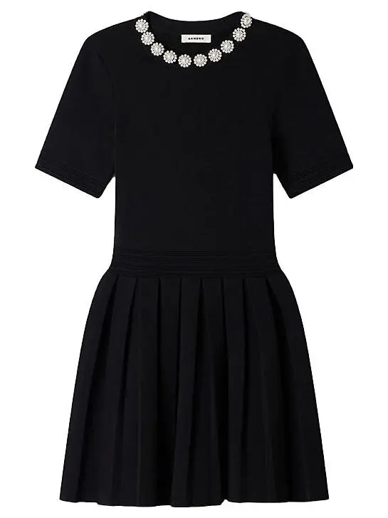 Sandro Bead-embellished Pleated Knitted Mini Dress - Black