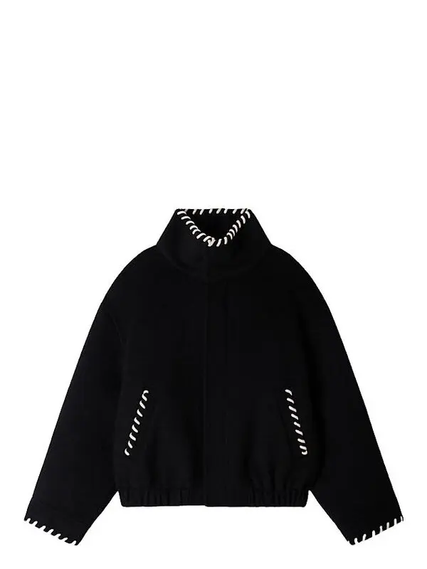 Sandro Topstitched-detail Funnel-neck Wool Jacket - Black
