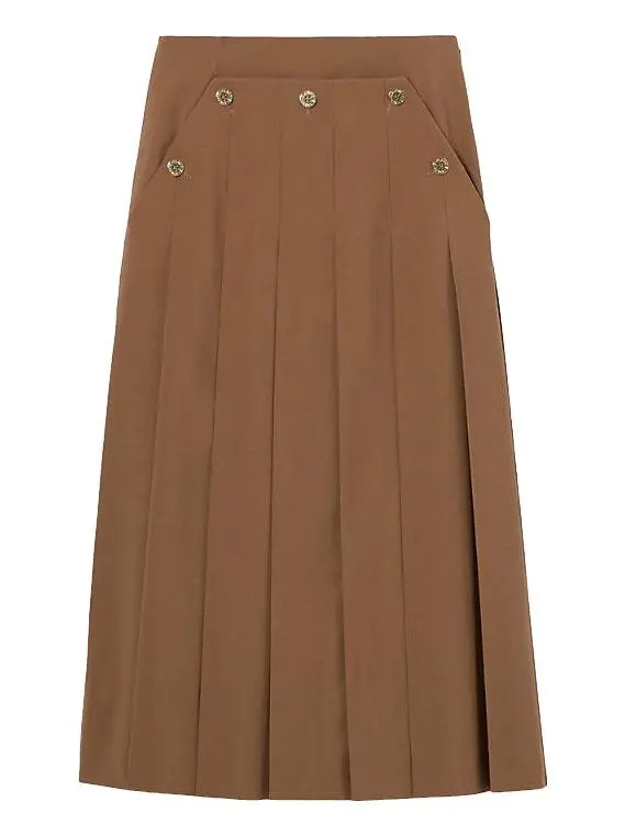 Claudie Pierlot Button-embellished Pleated Wool-blend Midi Skirt - Camel