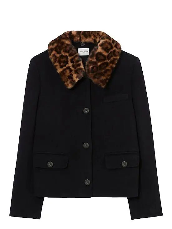 Claudie Pierlot Faux Fur-collar Boxy-fit Wool-blend Jacket - Navy