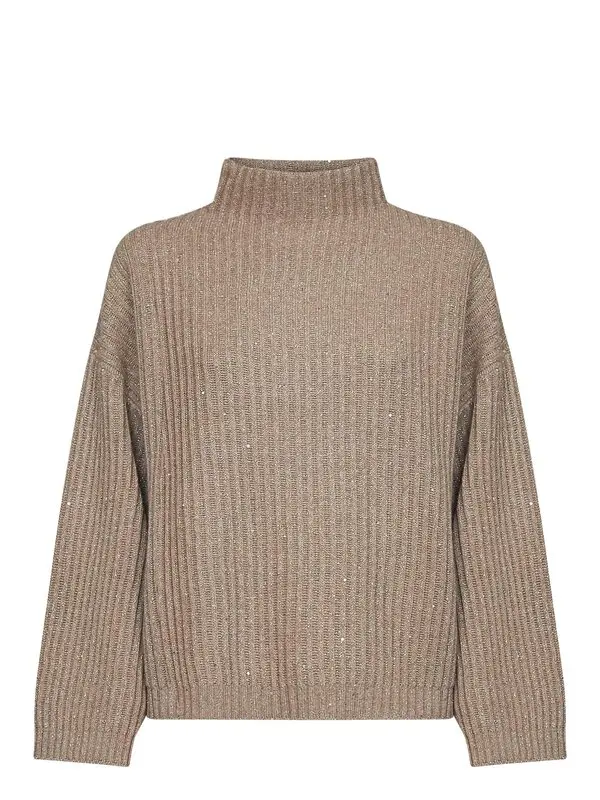 Brunello Cucinelli Light Brown Ribbed Cashmere And Wool Knit Sparkling & Dazzling Sweater - Multicolor