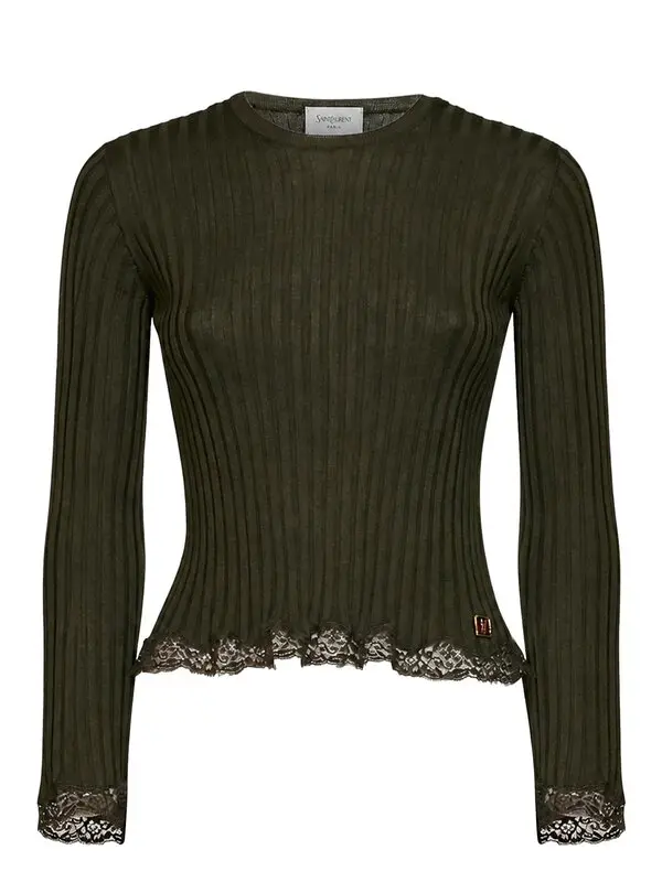 Saint Laurent Khaki Ribbed Knit Cassandre Top With Lace Trims - Multicolor