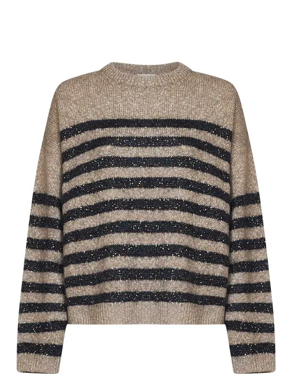 Brunello Cucinelli Brown And Blue Soft Wool And Cashmere Sweater With Dazzling Stripes - Multicolor