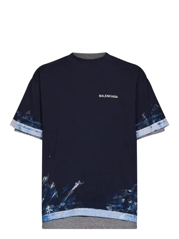 Balenciaga Navy Blue Layered Paint Splatter T-shirt - Multicolor