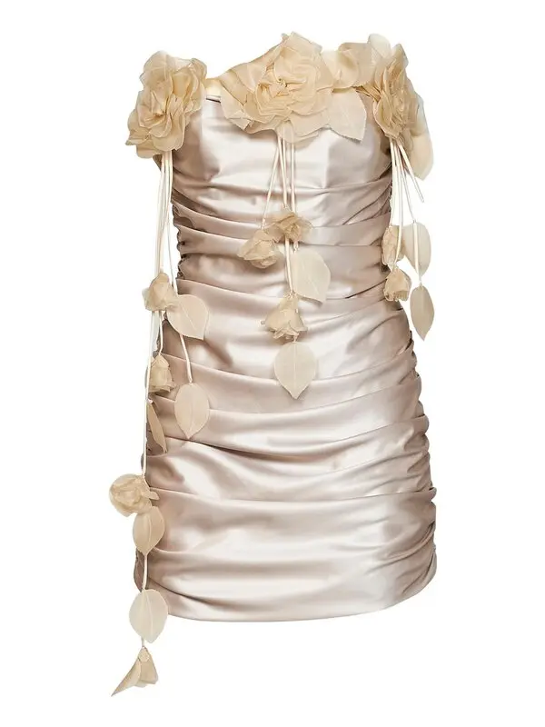 Giuseppe Di Morabito Vanilla Waxed Fabric Gathered Mini Dress With 3d Flowers - Multicolor