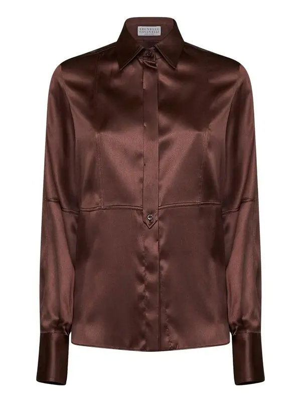 Brunello Cucinelli Brown Stretch Silk Satin Shirt With Monili - Multicolor