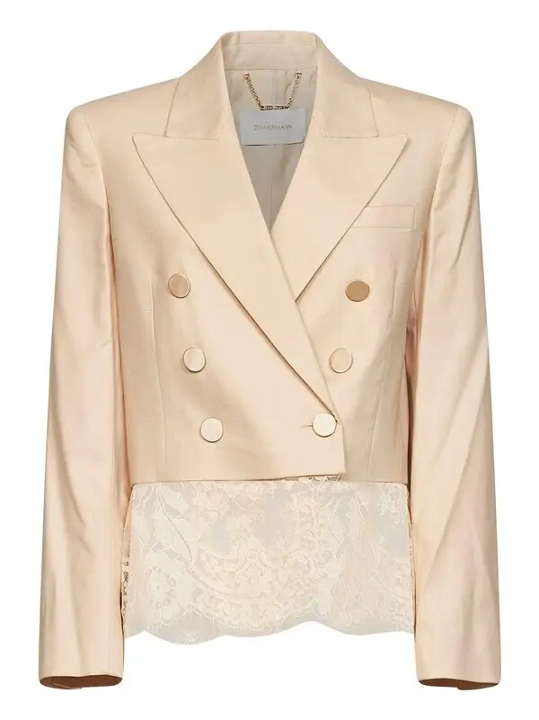 Zimmermann Cream Stretch Wool And Lace Valiant Double-breasted Cropped Blazer - Multicolor