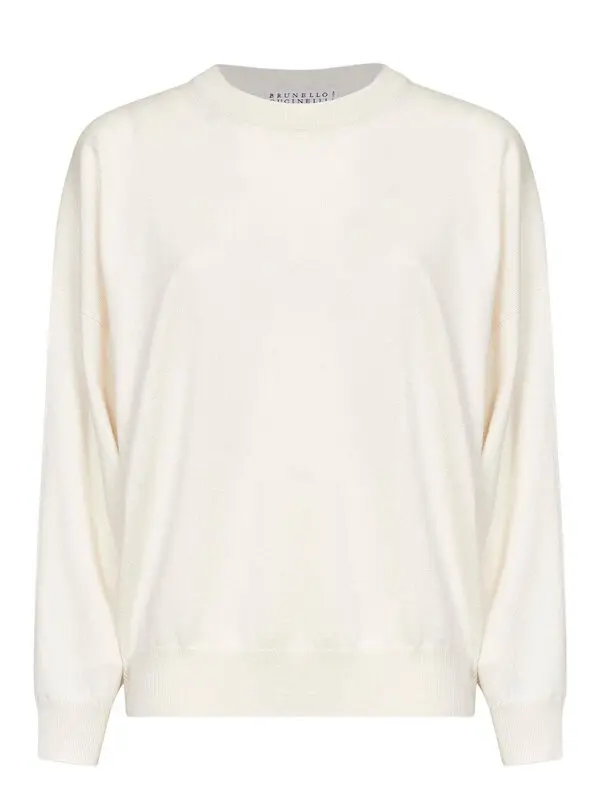 Brunello Cucinelli Ivory Cashmere Knit Crewneck Sweater With Monili - Multicolor