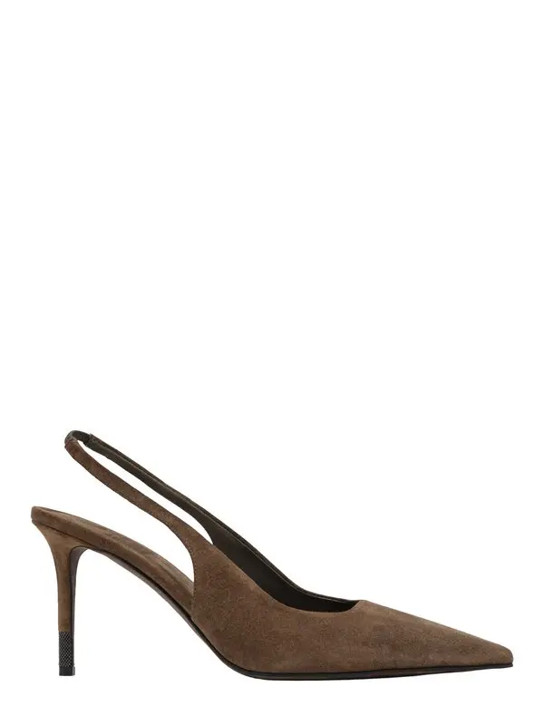 Brunello Cucinelli Caramello Suede Slingback Pumps With Monili Heel Detail - C Hone