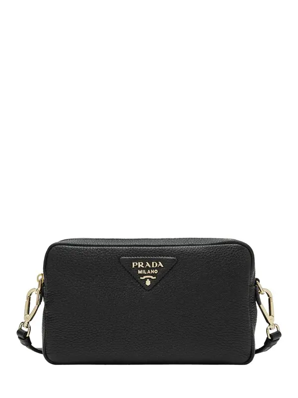 Prada Mini Leather Shoulder Bag With Logo Webbing Strap And Zip Closure - Black