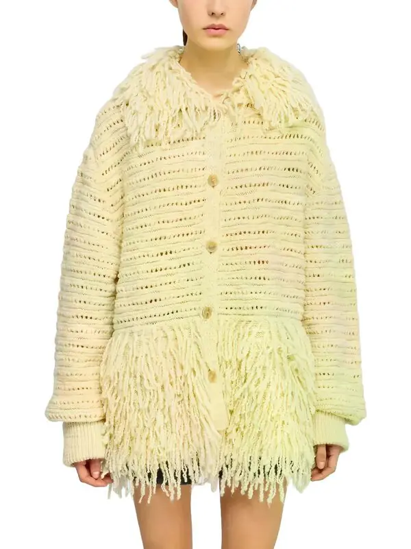 SEMICOUTURE Fringe-trimmed Wool Oversized Cardigan - Neutrals