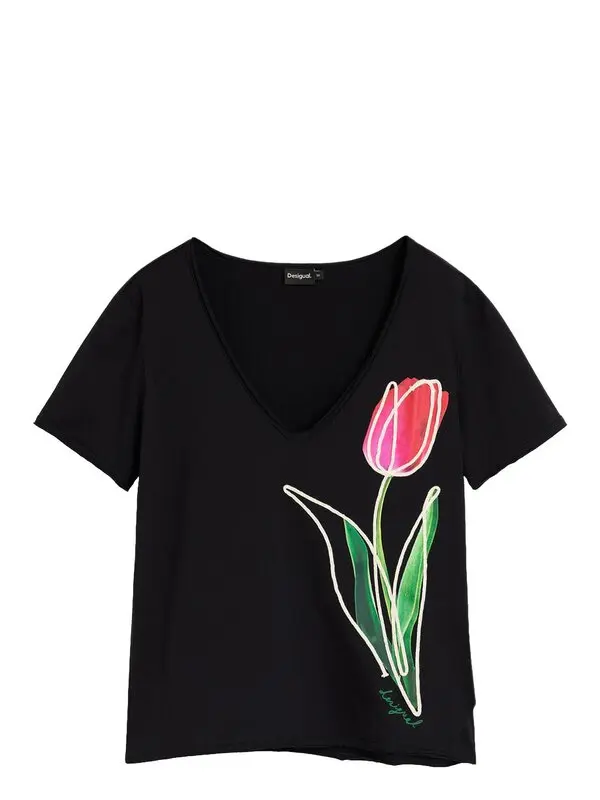 Desigual Graphic V-neck T-shirt - Black