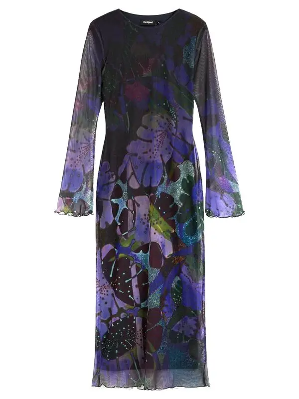 Desigual Lacroix Leaf Print Mesh Midi Dress - Blue