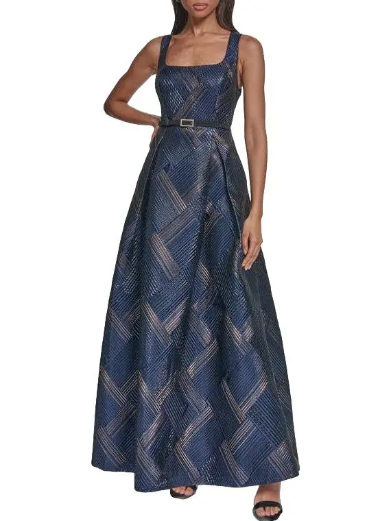 Karl Lagerfeld Paris Square Neck Metallic Jacquard Belted Ball Gown - Navy/silver
