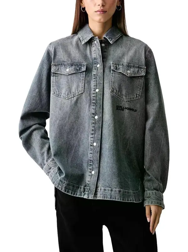 Karl Lagerfeld Logo-embroidered Acid-wash Denim Shirt - Grey