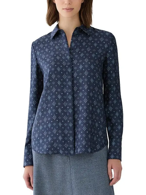 Lafayette 148 New York Scottie Geometric Print Silk Blouse - Ink Multi