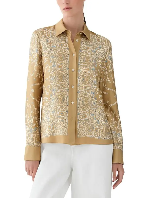 Lafayette 148 New York Silk Button Down Paisley Blouse - Wheat Multi