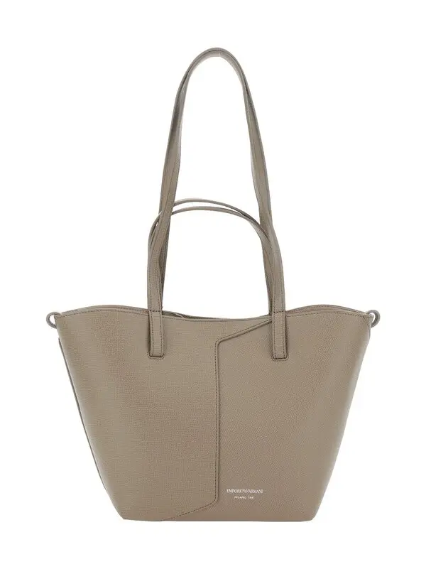 Emporio Armani Logo Lettering Leather Tote Bag With Asymmetric Handles - Beige