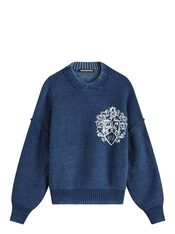 COLE BUXTON Collegiate Crest Knit Sweater - Navy