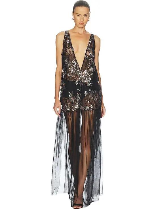 AKNVAS Anastasia Beaded Layered Dress In Black - Multi Black