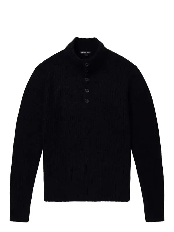 JAMES PERSE Ribbed Cashmere Polo Sweater - Black