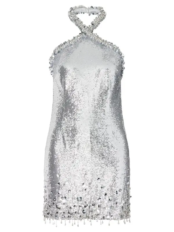 Simkhai Naya Crystal-embellished Sequined Satin Halterneck Mini Dress - Silver